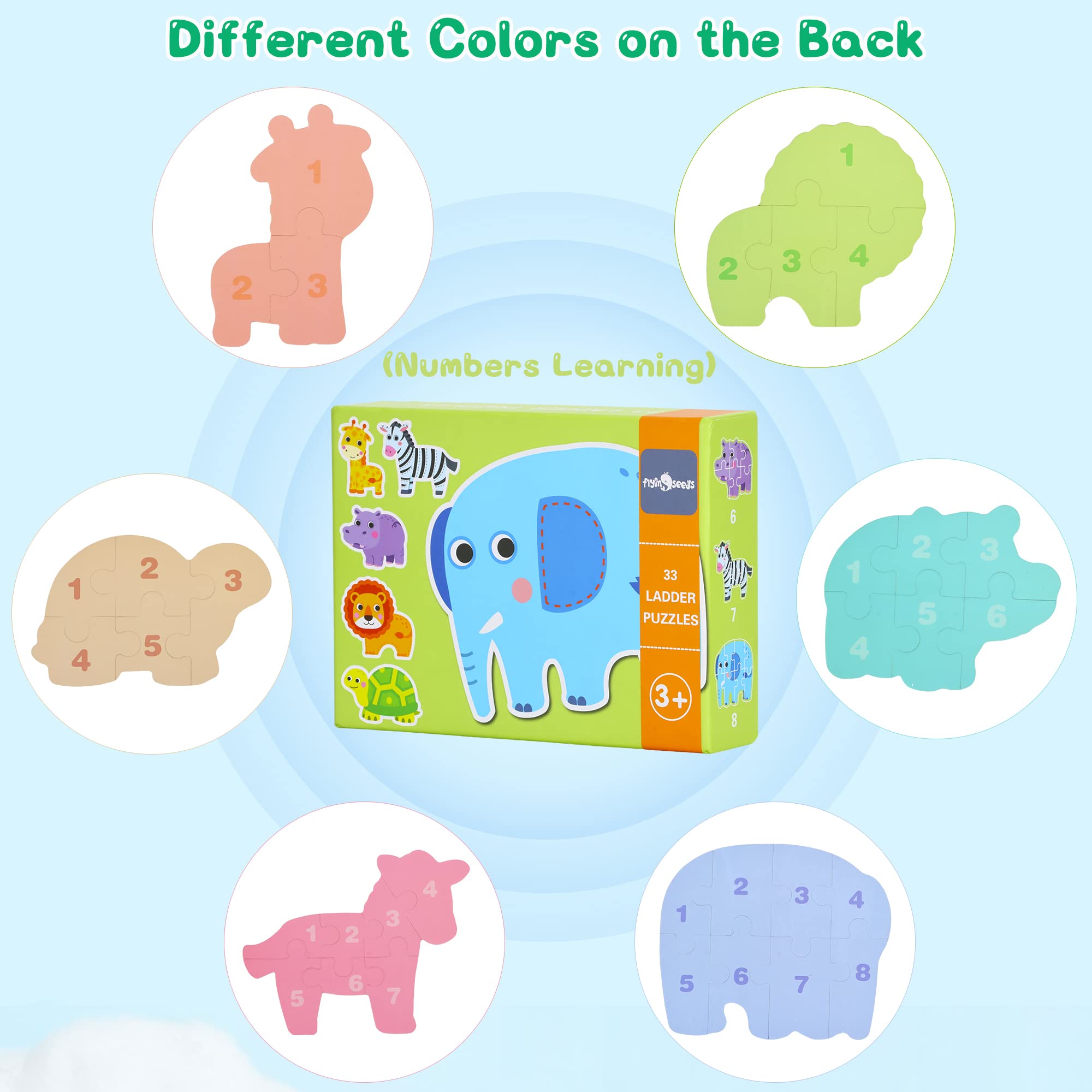 FLYINGSEEDS 6 Packs Safari Animals Shaped Wooden Jigsaw Puzzles for Toddlers Ages 1-3, Level-up Puzzles for Beginner, Montessori Learning Toys Preschool Educational Activity for Kids Ages 2-5