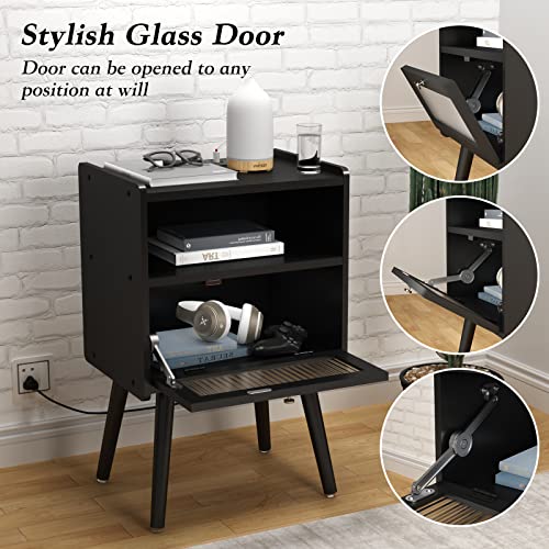 SOOWERY Mid Century Modern Nightstand with Charging Station, Bedside Tables with Glass Decorative Door, End Table Side Table with 2 Tiers Storage Space, for Bedroom, Living Room, Black