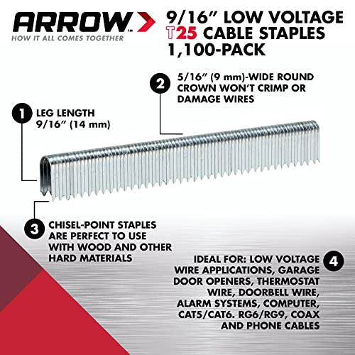 Arrow 259 T25 Heavy Duty Steel Staples for Installing Low Voltage Wires and Cables, Use with Holiday Lights, Doorbells, Alarm Systems, 1100-Pack, 9/16-Inch Leg Length, 5/16-Inch Crown Width