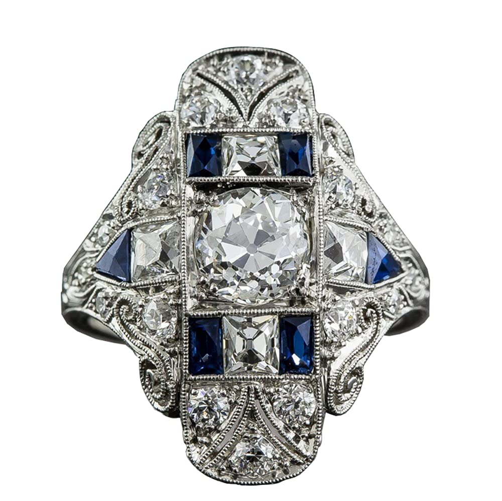 Aimys Vintage Rhodium Plated Cubic Zirconia CZ Statement Art Deco Milgrain Cocktail Fashion Right Hand Ring Women Sapphire Gems Wedding Engagement Jewelry Size 6
