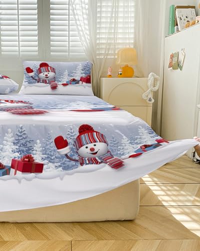 AMZRicher Winter Snowman Wrap Around Pleated Bed Skirts for Twin XL Bed 39x80, Decorative Dust Ruffle Bed Sheet & Bedskirt 18'' Drop Bedspread with Pillow Case 20x30 Christmas Forest Snowy Tree