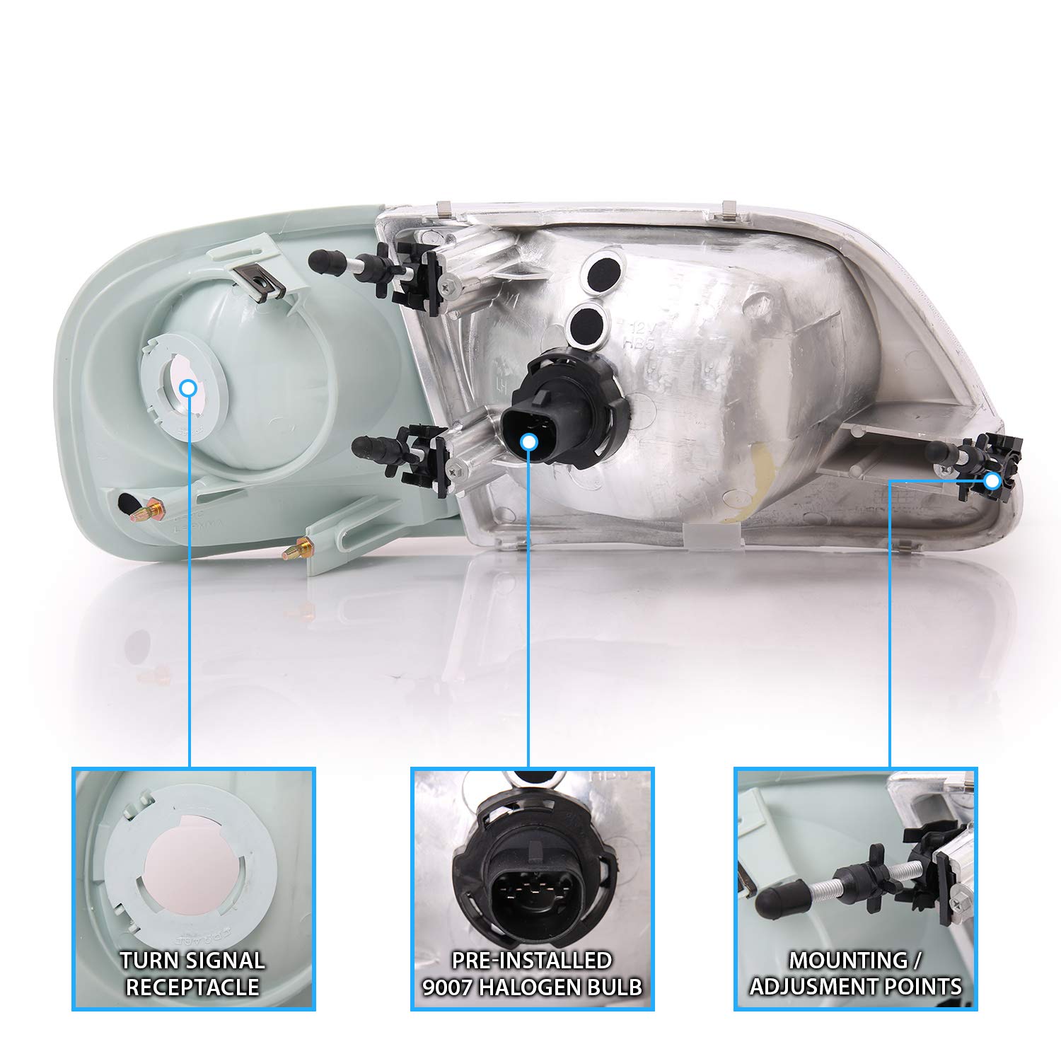 AmeriLite Replacement Crystal Halogen Car Headlights with Corner Parking Set For Ford F150 F-150 Harley Lighting - Driver and Passenger, Vehicle Light Assembly, Chrome