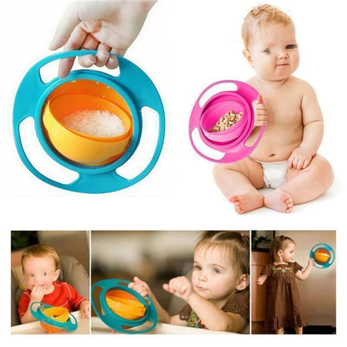 Baby Universal Gyro Bowl,Magic Gyro Bowl 360 Degree Rotate Spill-Proof Bowls with Lid Plastic Creative Dishes Practice Feeding Bowls (Blue*3)