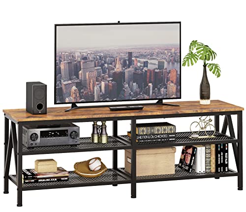 Furologee TV Stand for 60 65 inch TV, Long 55" Entertainment Center with 3-Tier Open Storage Shelves, Industrial TV Console Table for Living Room, Rustic Brown