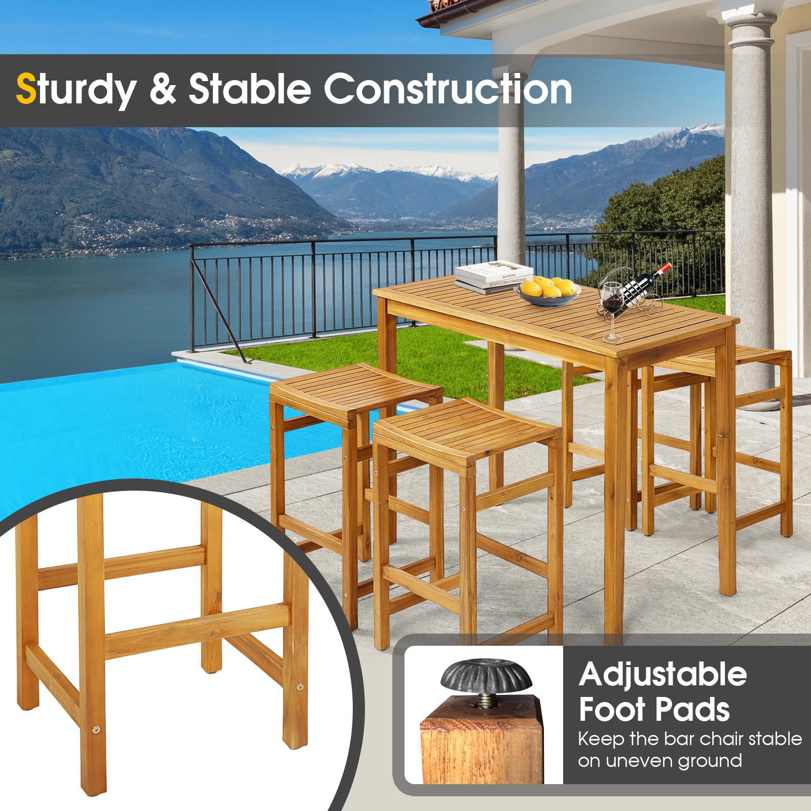 Tangkula 5 Piece Outdoor Acacia Wood Bar Table Set, 45" Rectangular High Top Table with 4 Saddle Seat Bar Height Stools, Space-Saving Patio Dining Set for 4, for Deck, Garden and Porch