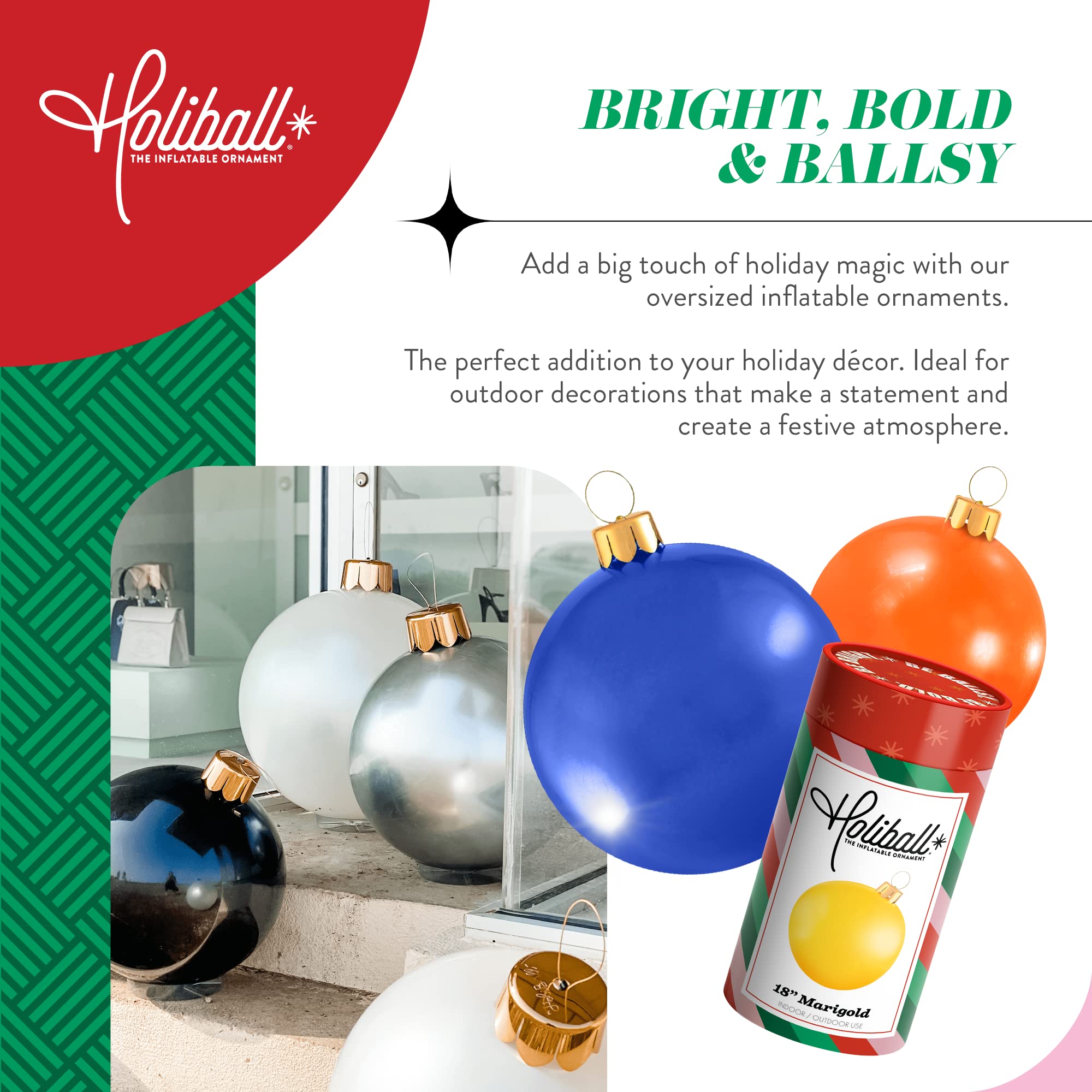 Holiball Inflatable Holiday Ornament – Indoor and Outdoor Use– Reusable and Storage Friendly – The Ultimate Holiday Decoration – 18" – Holly Green