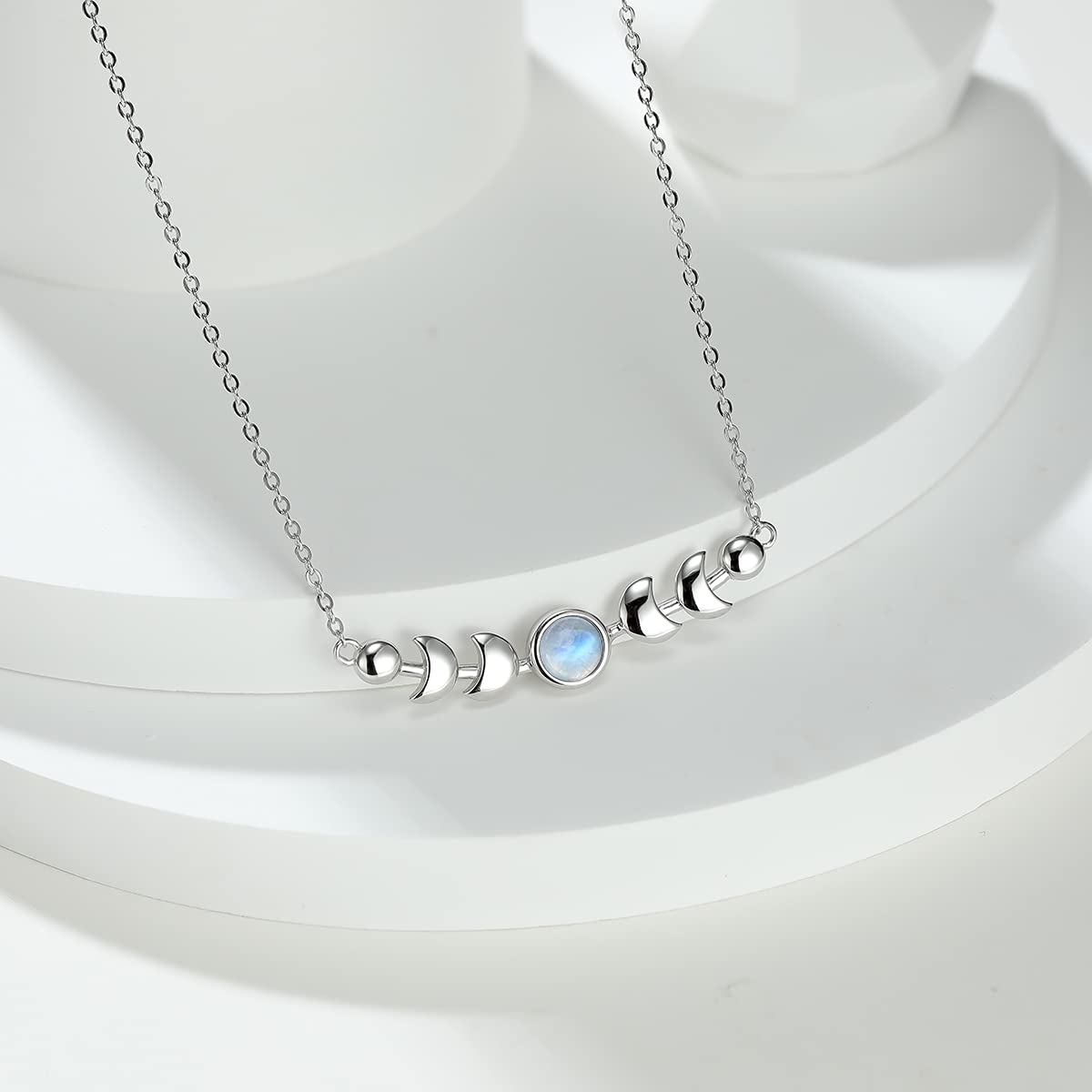 Angol Genuine Moonstone Necklace Sterling Silver Moon Phase Necklace Triple Goddess Moonstone Pendant Minimalist Necklace for Women(Silver)