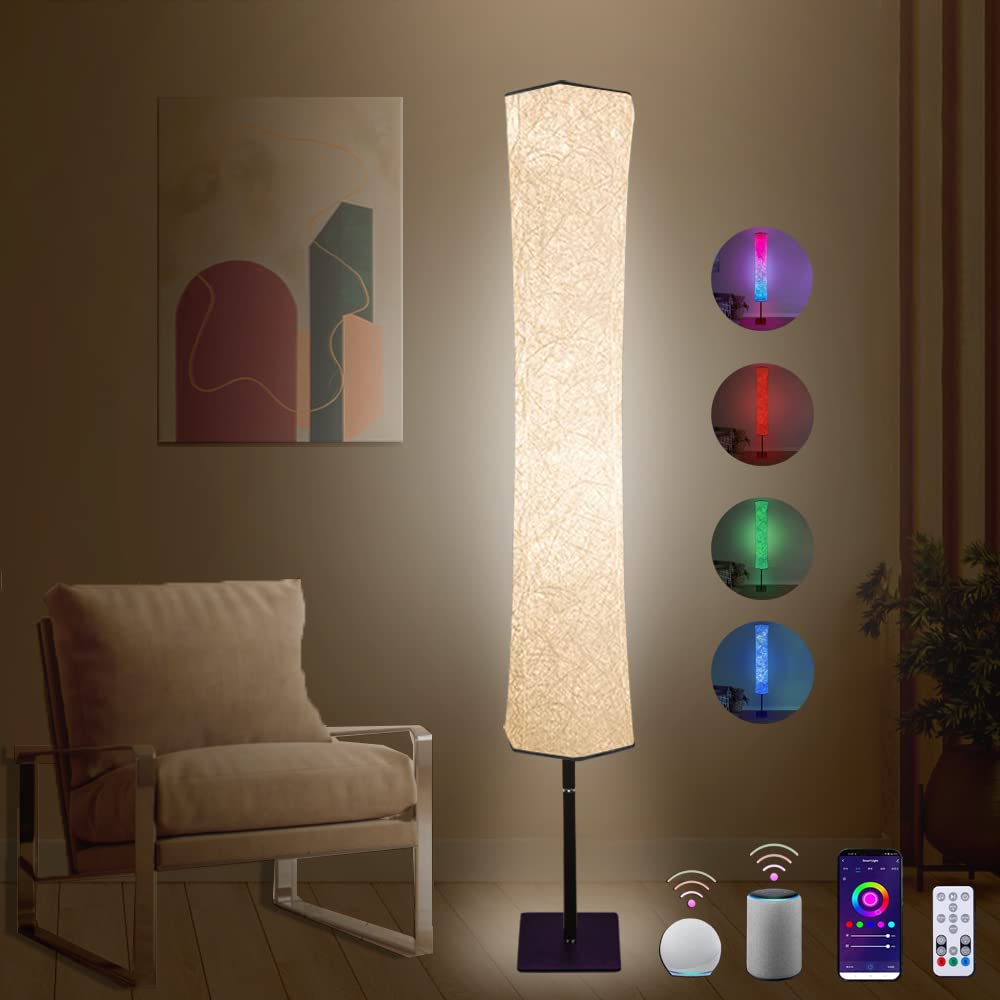 Aofmy 63" Soft Light Floor Lamp for Game Room&Bedroom: RGB Color Changing LED - Smart Floor Lamp - Music Sync and Multi Scene Modes - Voice/Remote Control-White Fabric Floor Lamp for Living Room
