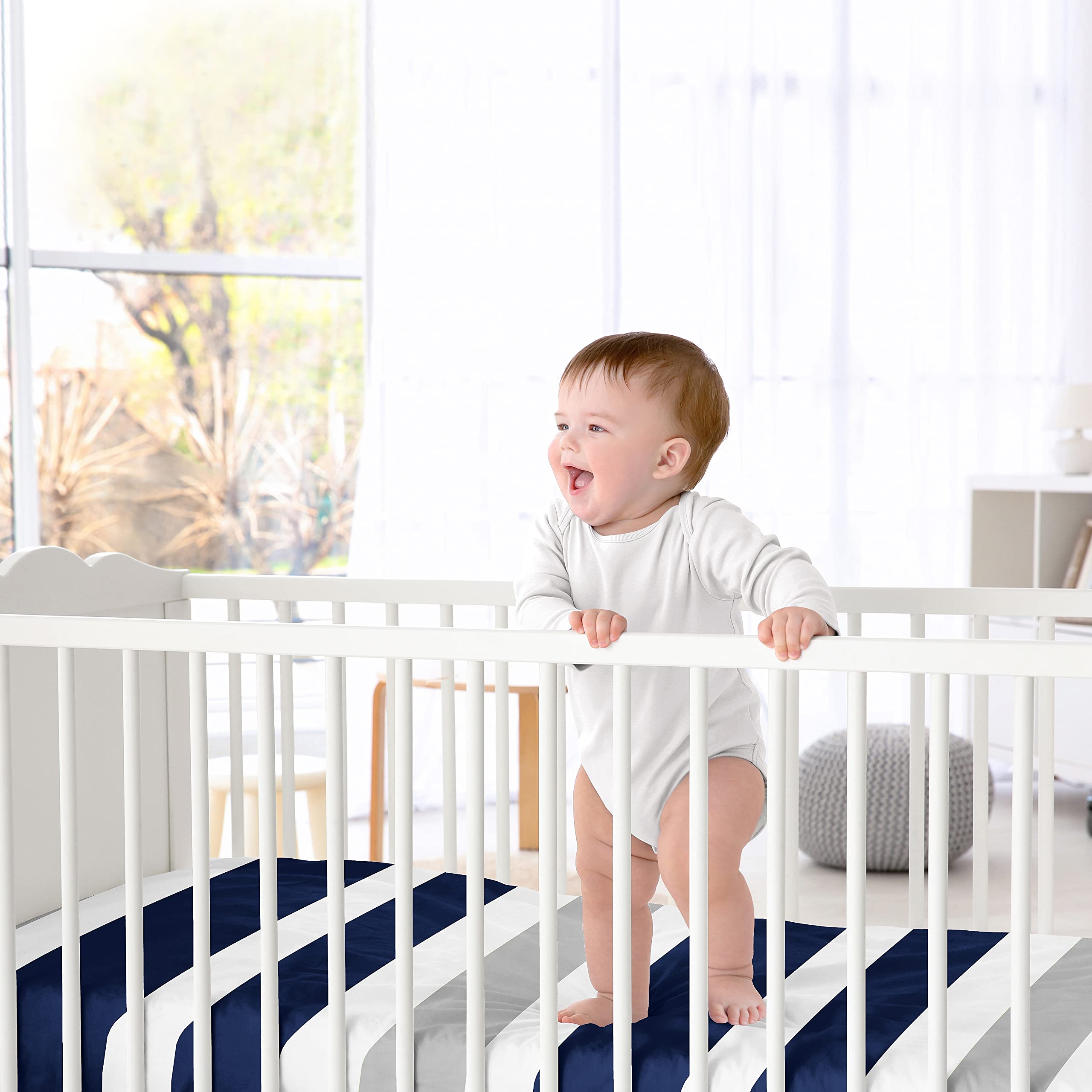 Fitted Crib Sheet for Navy and Gray Stripe Baby/Toddler Bedding - Stripe Print