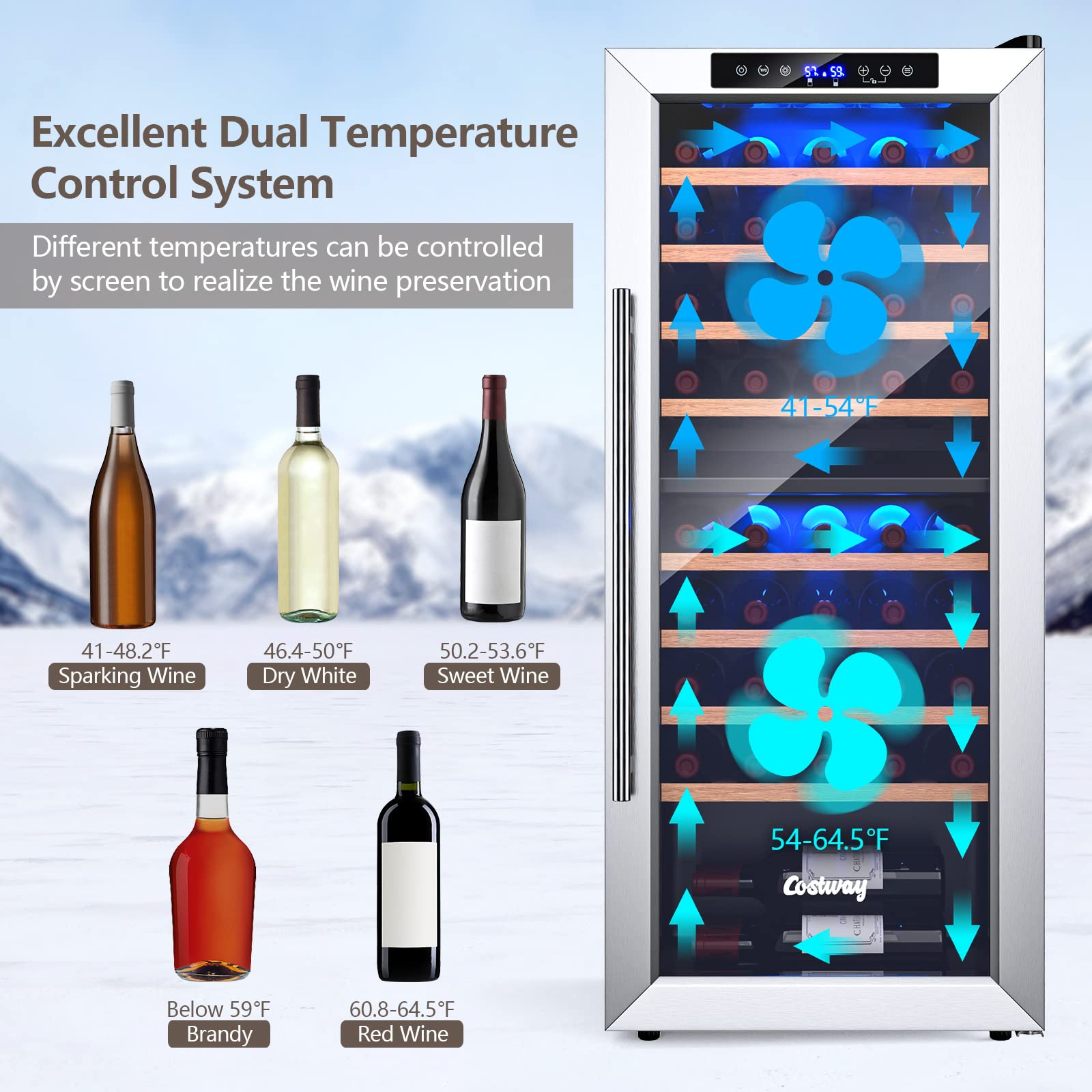 COSTWAY 20-Inch Wine Cooler Refrigerator, 43 Bottles Dual Zone Wine Cellar with 8 Wooden Shelves, Tempered Glass Door, Built-in or Freestanding Mini Wine Fridge for Home Office Bar