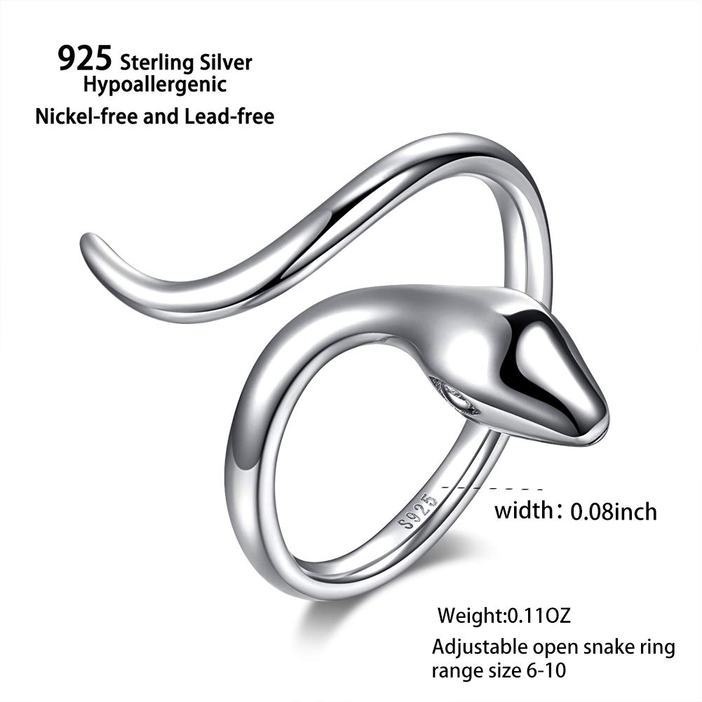Angol Sterling Silver Adjustable Snake Cool Rings 925 Silver Minimalist Slytherin Snake Animal Statement Stacking Finger Ring for Women Teens with Gift Box