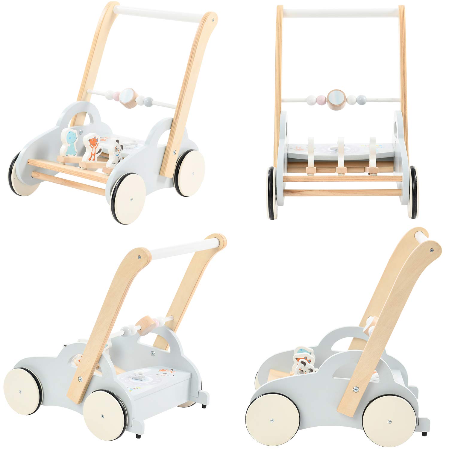 labebe Push Walker Stroller Toys,Pull Wagon for Kid,Gray Animal-Push Toy for Toddler, sit to Stand Learning Walker, 2-in-1 Activity Push Walker for Infant/Child, Wooden Play Wagon 4 Wheel Push Walker