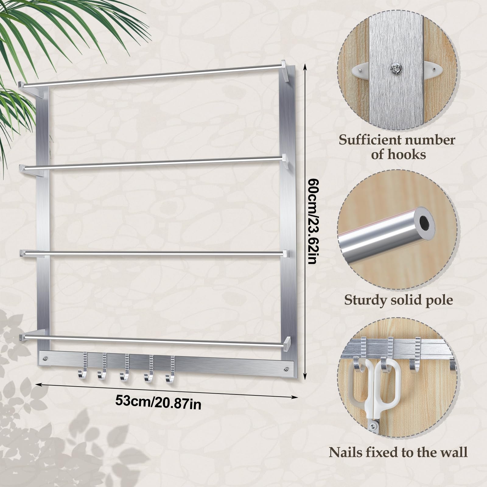 Tandefio Ribbon Wall Holder 4 Tier Ribbon Organizer Sewing Tool Thread Storage Rack Wire Spool Rack Wall Mount with 5 Hook for Ribbon Thread Fabric Wrapping Paper Scarf Belt Towel