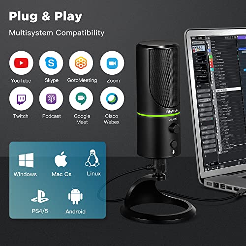 Bietrun UMKF01 Noise Reduction USB Microphone, Cardioid Pickup Pattern, Plug and Play, Adjustable Heavy-Duty Stand, 1-Year Warranty
