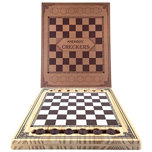 AMEROUS Wooden Checkers Set, Checkers Board Game with Storage Grooves - 24 Checkers Pieces - Gift Box Packed, Classic Board Games for Kids, Adults
