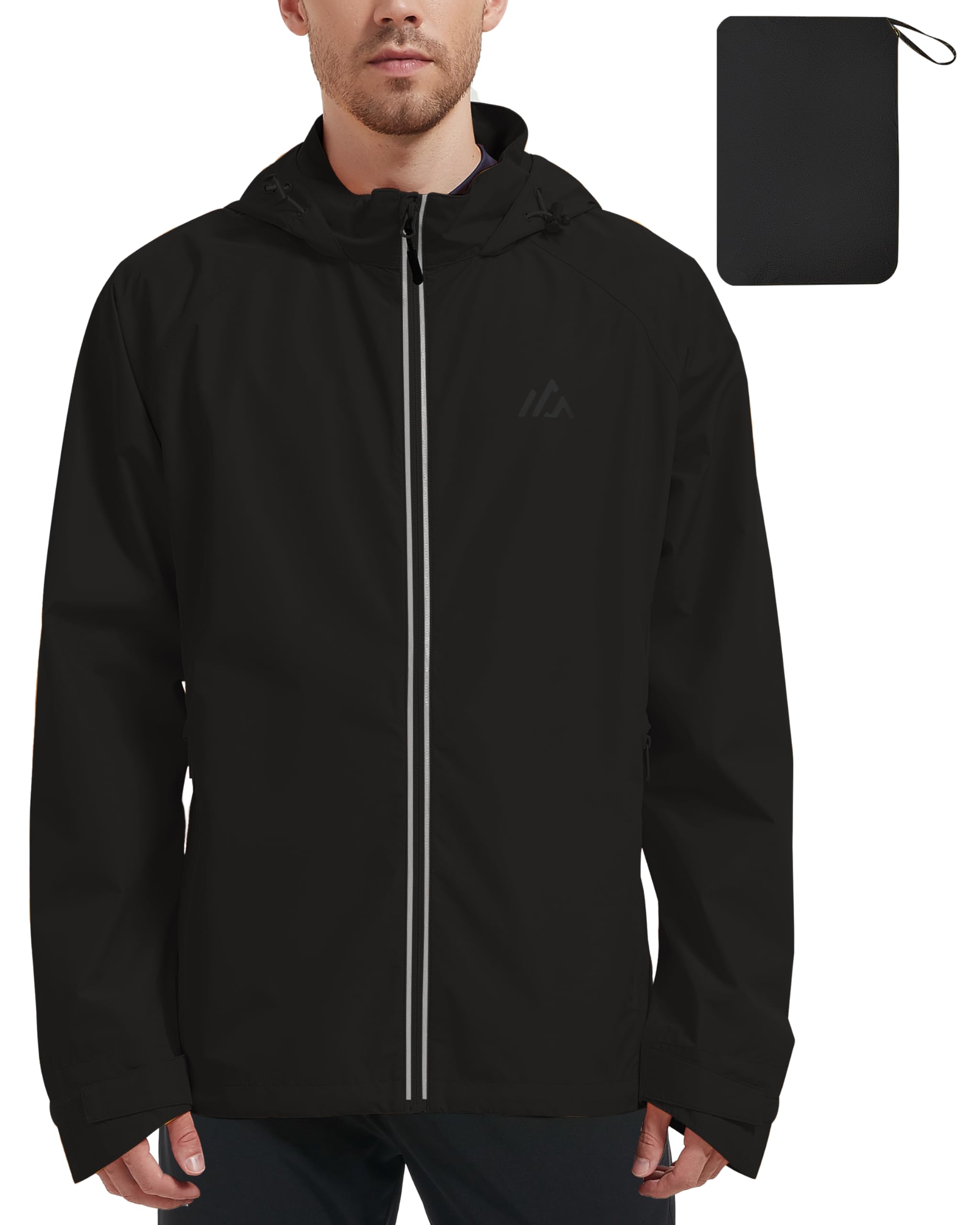 ATLASLAVA Men's Packable Rain Jackets Lightweight Waterproof Reflective Windbreaker Coat with Hood Cycling Running Golf Black 3XL
