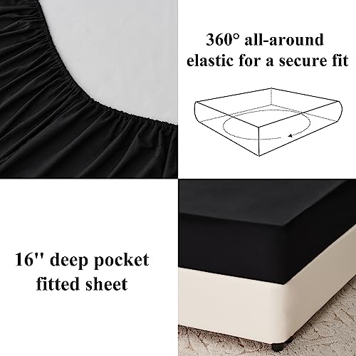Aisbo Queen Sheet Set Black - Luxury Hotel 4-Piece Embroidered Bed Sheet Set with Easy Fit Deep Pocket, Extra Soft Cooling Bedding Sheet Set with Pillowases, Wrinkle Free, Fade Stain Resistant