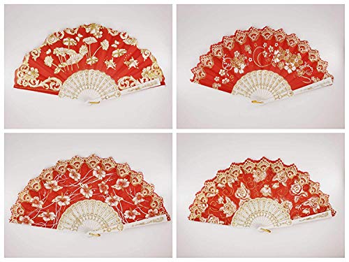 YRP 12 Pc Mix Spanish Style Red and Gold Glitter Floral Pattern Folding Fan for Wedding Party Decor/Sweet 15 favors/Dancing Hand Fan/Table Setting/Wall Decoration/Out Door Wedding/Wedding Gift