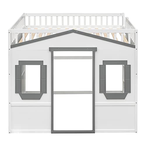 DEYOBED Full Size House Loft Bed with Ladder, Wooden Gaming House Bed Frame with Windows for Kids Boys Girls, White+Gray