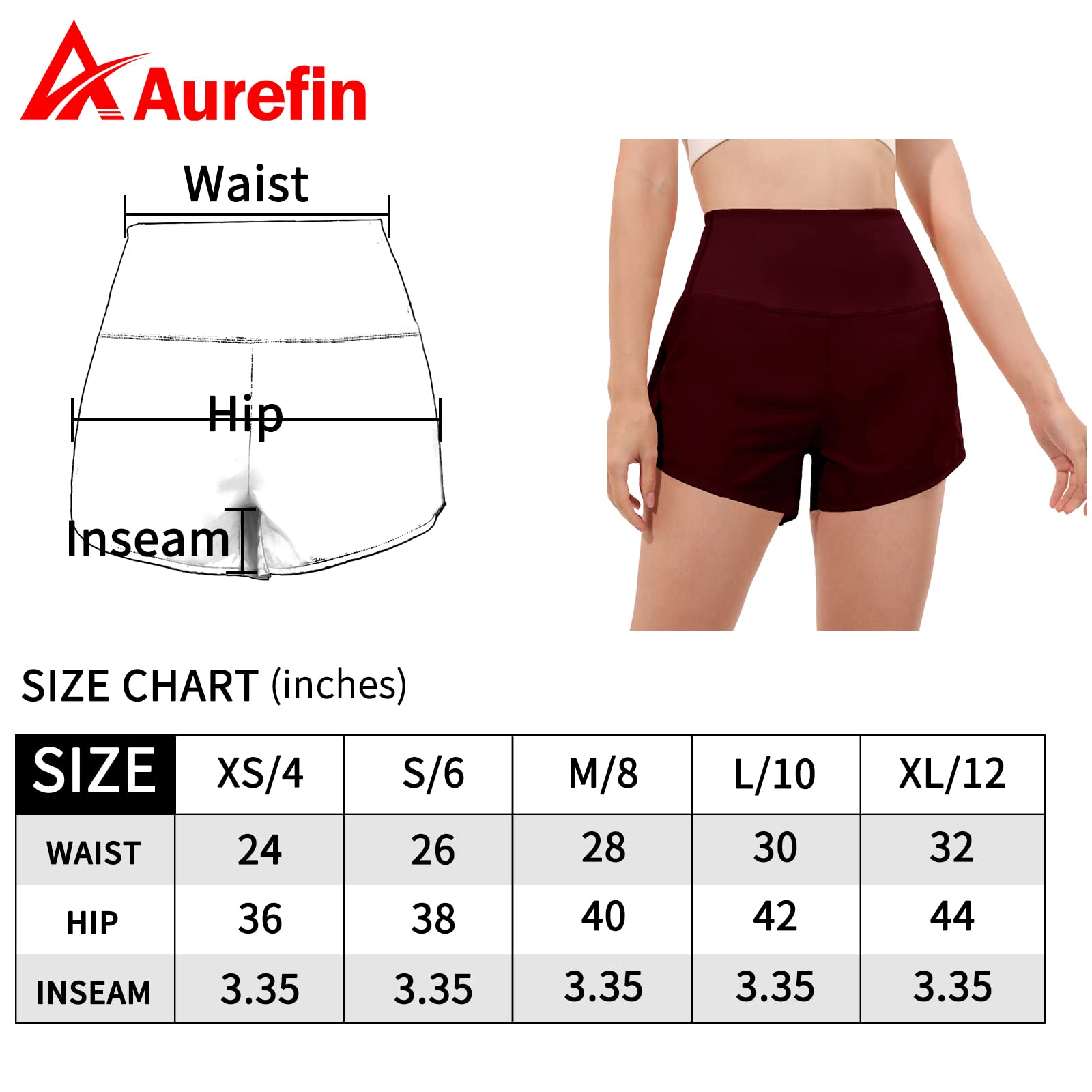 Aurefin Women's High Waisted Running Shorts Quick Dry Athletic Workout Shorts with Bulit-in Liner-3.5'' Wine red/m
