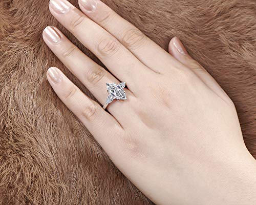AINUOSHI Rhodium Plated 925 Sterling Silver Marquise Solitaire Cubic Zirconia CZ 3-Stone Anniversary Engagement Wedding Ring (6.5)