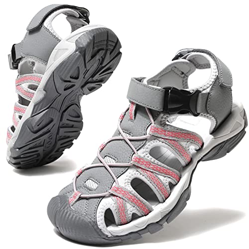 Anbenser Womens Athletic Outdoor Sandals Closed Toe Lightweight Adjustable Sport Hiking Sandals Non Slip Durable Greypink size 8