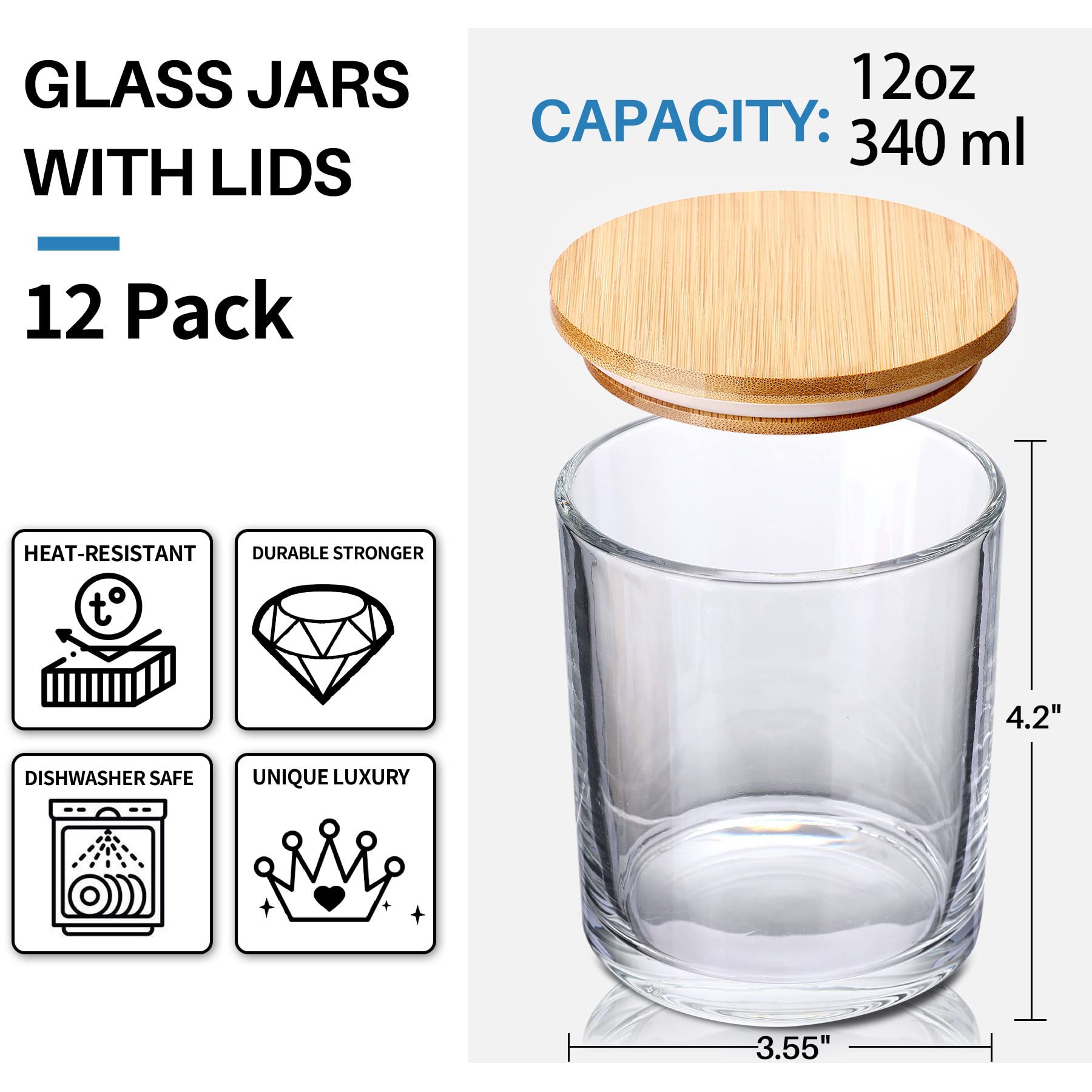 Aminigram 12 Pack, 12 OZ Clear Candle Jars with Bamboo Lids, Empty Glass Candle Jars for Making Candles, Morden Kitchen Bathroom Small Things Container - Bonus 36 Sticky Labels