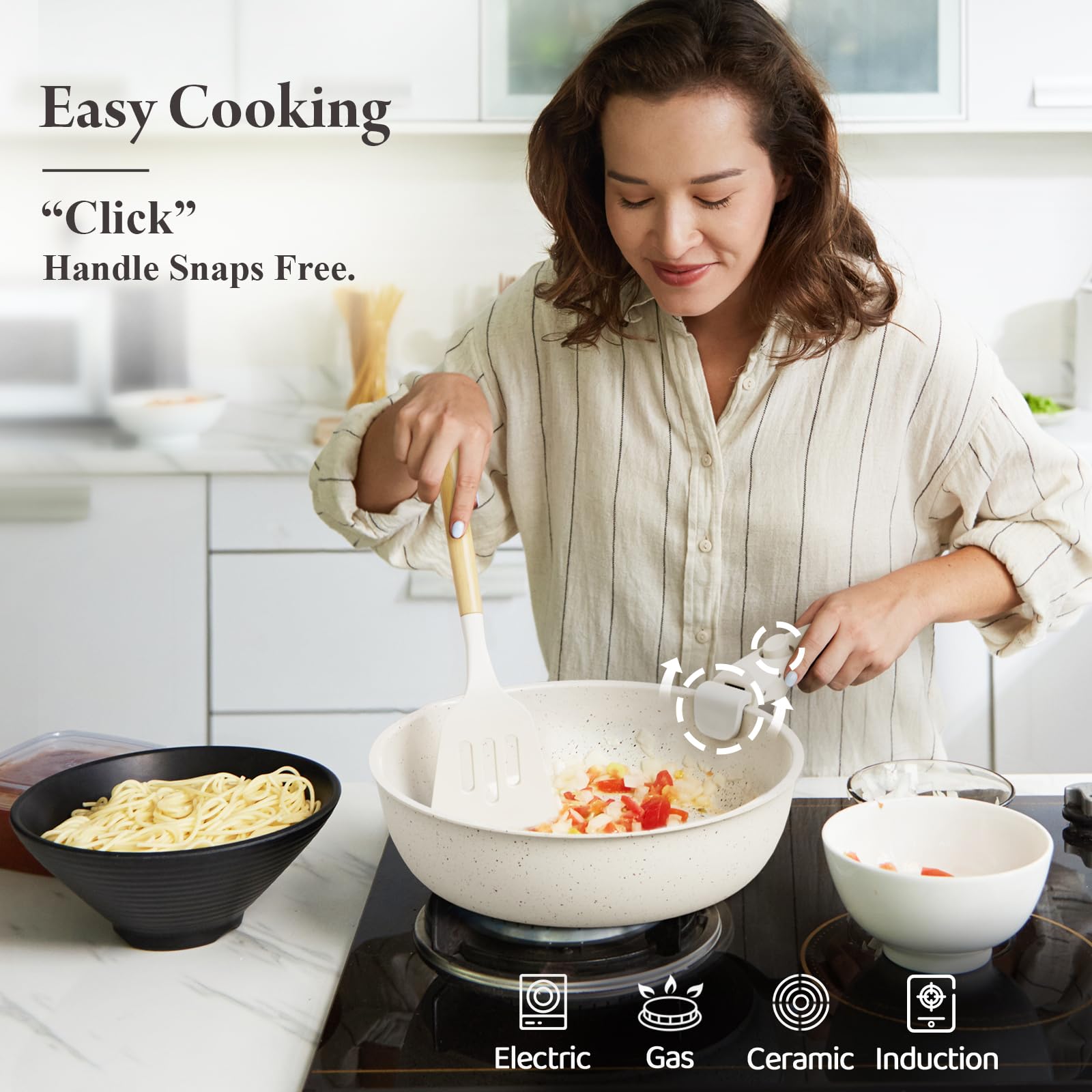 Bazova 11 Pcs Pots and Pans Set Non Stick with Removable Handles,Ceramic Cookware Set Non Toxic,Induction Kitchen Cooking Sets,Nonstick RV Cookware,Dishwasher/Oven Safe,PFAS/PTFE/PFOA Free,Cream White