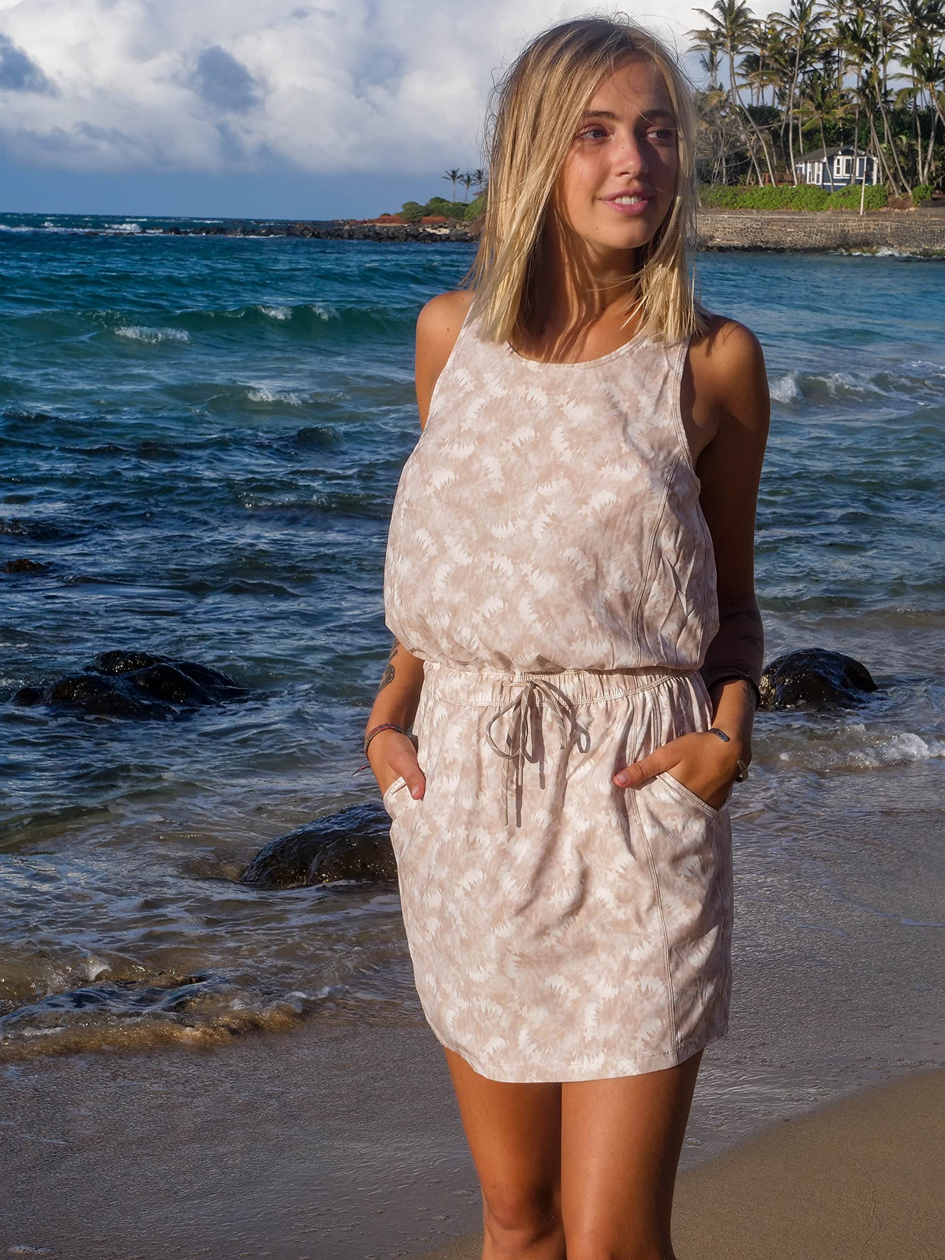 Avalanche Women's Woven Tank Dress Drawstring Waist Golf Hiking Dress Beige Garden M