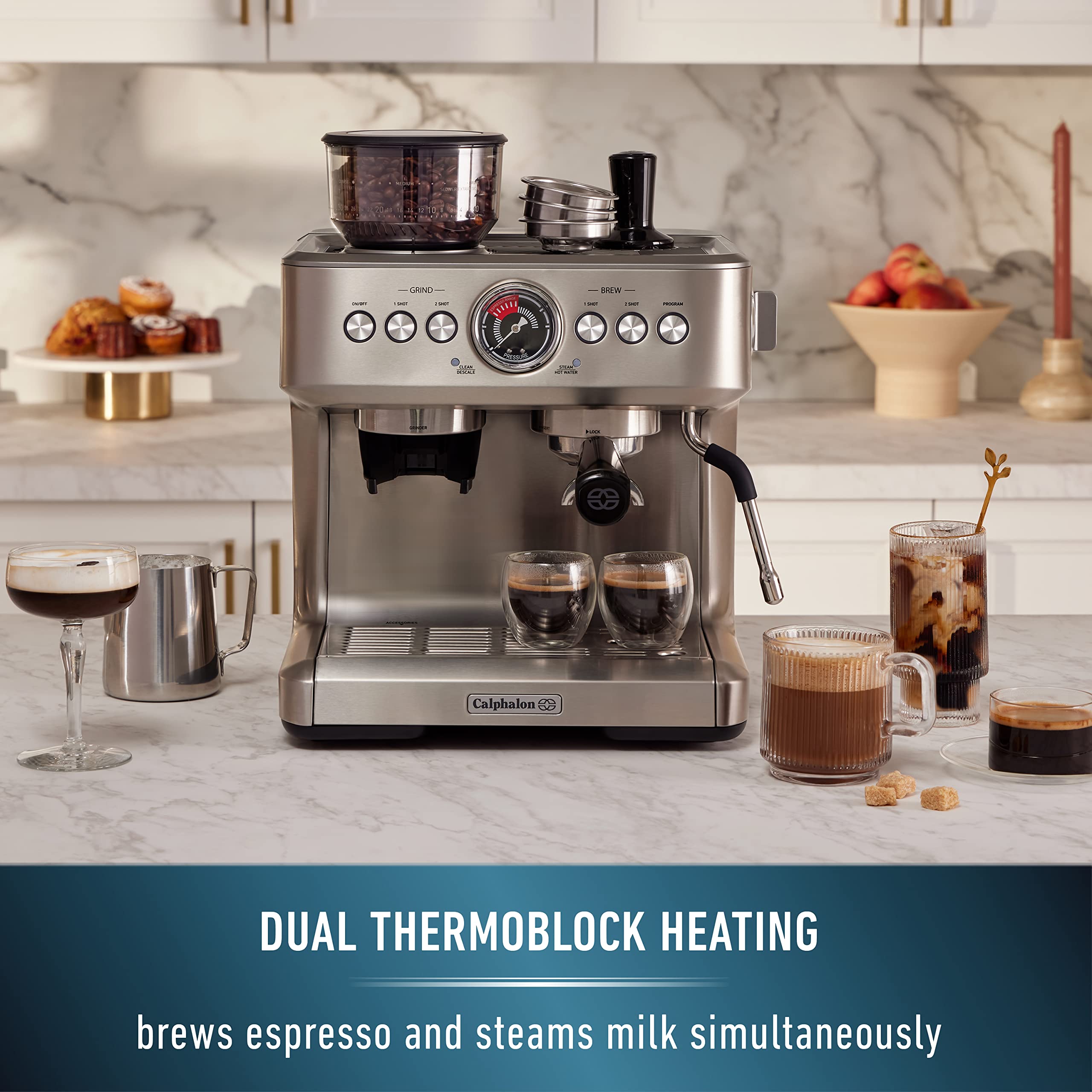 Calphalon Temp iQ Espresso Machine with Grinder, Dual Thermoblock, and Milk Frother, Home Espresso Machine, Stainless Steel