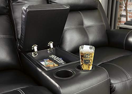 Signature Design by Ashley Kempten Faux Leather Manual Reclining Sofa with High Back, Center Console and Blue LED Lighting, Black