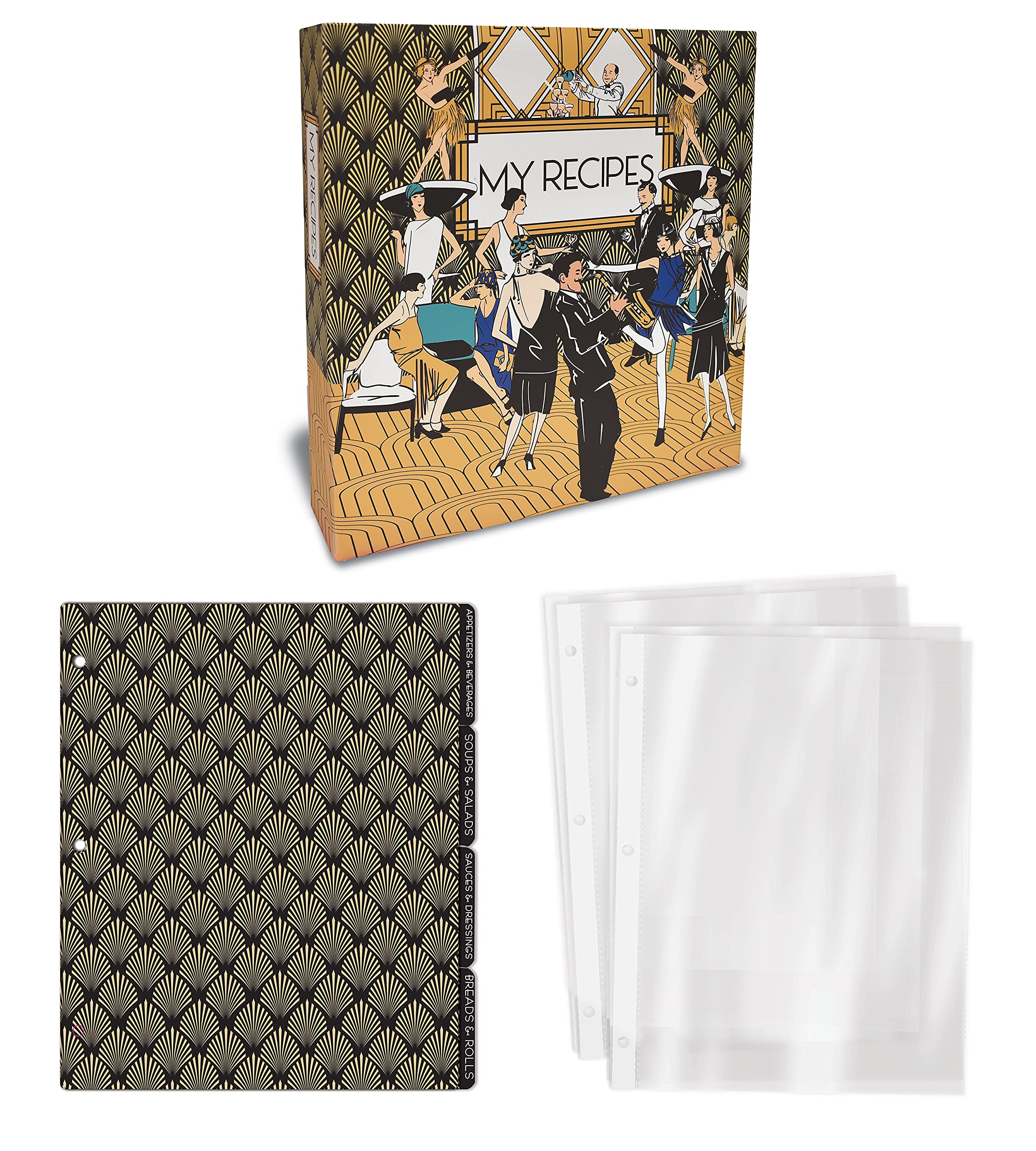 Better Kitchen Products Recipe Binder, Full Page 3 Ring Standard Binder Organizer Set (with 50 Page Protectors & 12 Category Divider Tabs) 11.5" x 12", Art Deco Roaring 20's Design