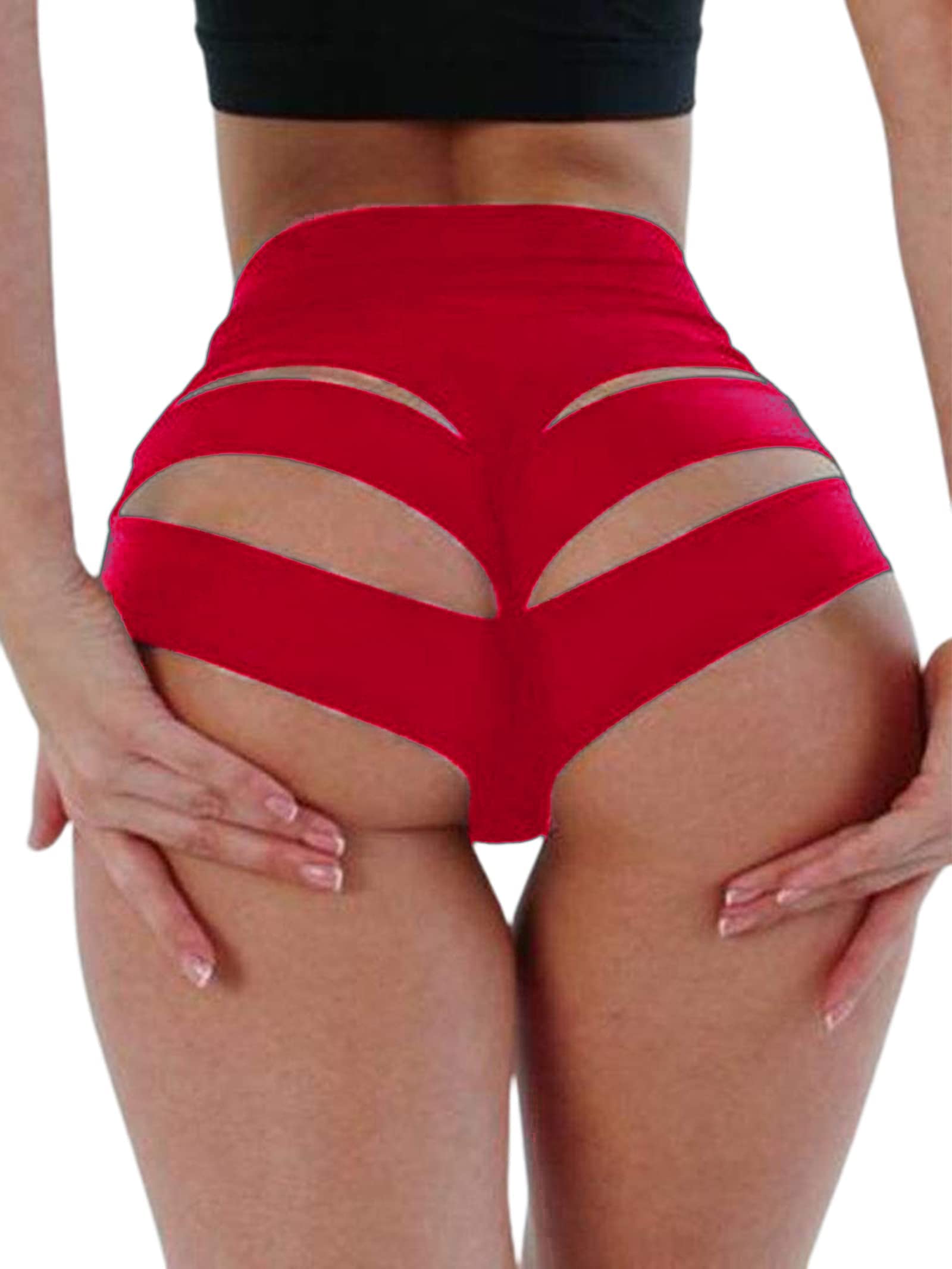 Avanova Women's Cut Out High Waist Booty Shorts Yoga Workout Butt Lifting Hot Pants Red Small