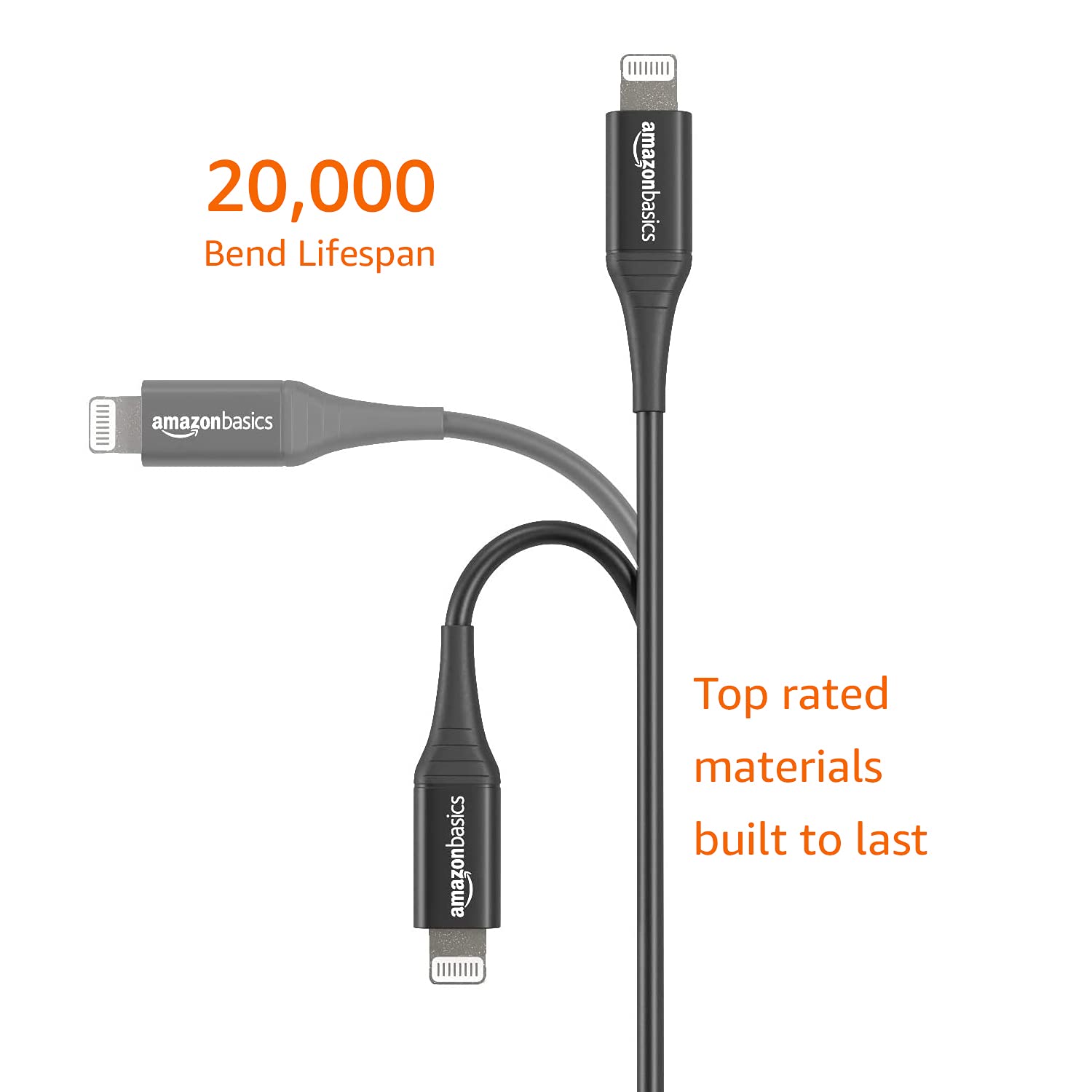 Amazon Basics USB-A to Lightning Cable Cord, MFi Certified Charger for Apple iPhone, iPad, 20,000 Bend Lifespan - Black, 3-Ft