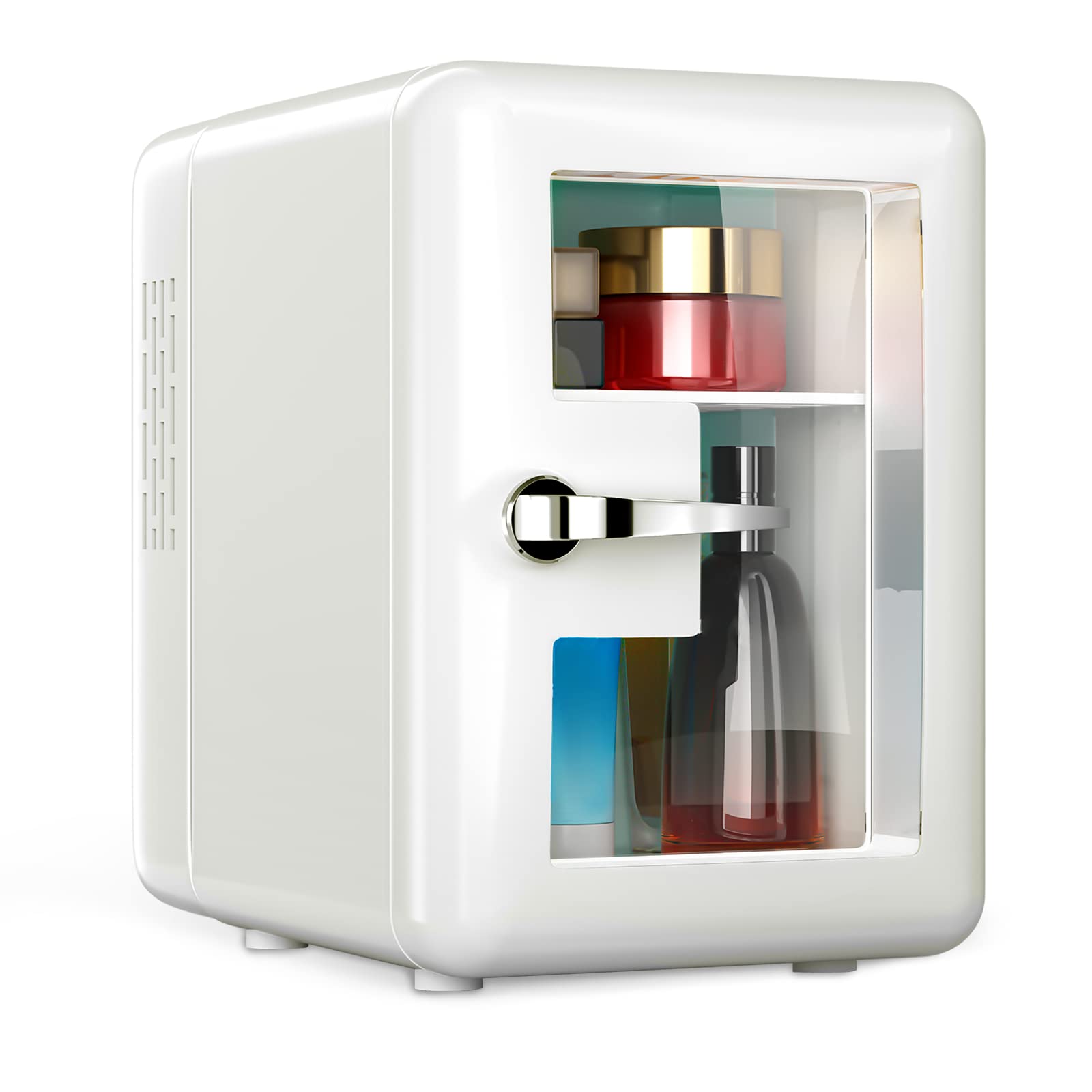 SPECILITE Mini Fridge, 4L/6 Cans AC/DC Skincare Fridge Portable Cooler and Warmer Small Refrigerator Transparent for Bedroom, Beauty, Makeup, Skin Care, Beverage, Cosmetics (White)