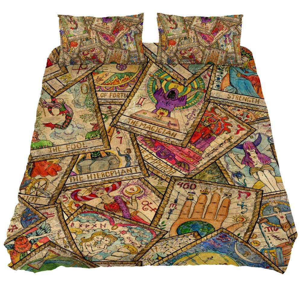 AISSO Vintage Tarot Cards Bedding Duvet Cover Set Reversible Full Comforter Set Cotton 1 Duvet Cover with Zipper and 2 Pillowcases