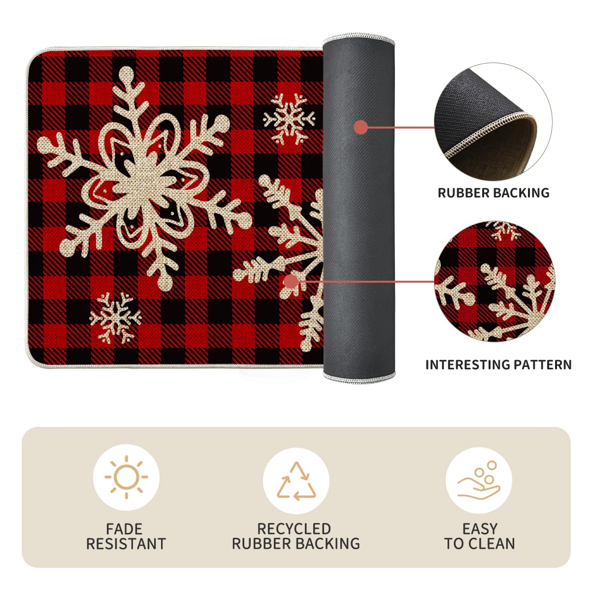 Artoid Mode Buffalo Plaid Snow Christmas Kitchen Rugs Set of 2, Let It Snow Xmas Winter Holiday Party Low-Profile Floor Mat Decorations for Home Kitchen - 17x29 and 17x47 Inch