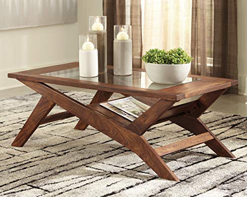Signature Design by Ashley Charzine Contemporary Rectangular Coffee Table with Clear Tempered Glass Top, Brown