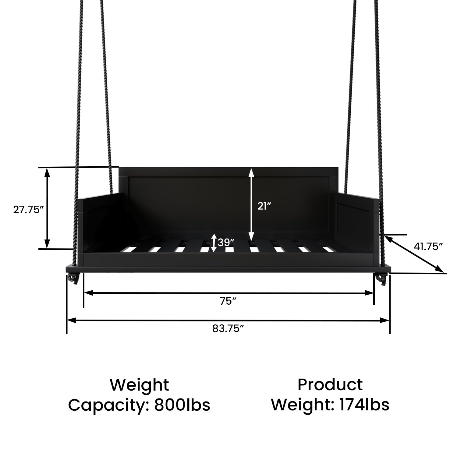 Amish Casual The Philly Amish Crafted Porch Swing Bed with Modern Backrest, Made in The USA from Kiln Dried Pine (Black Paint, Twin)