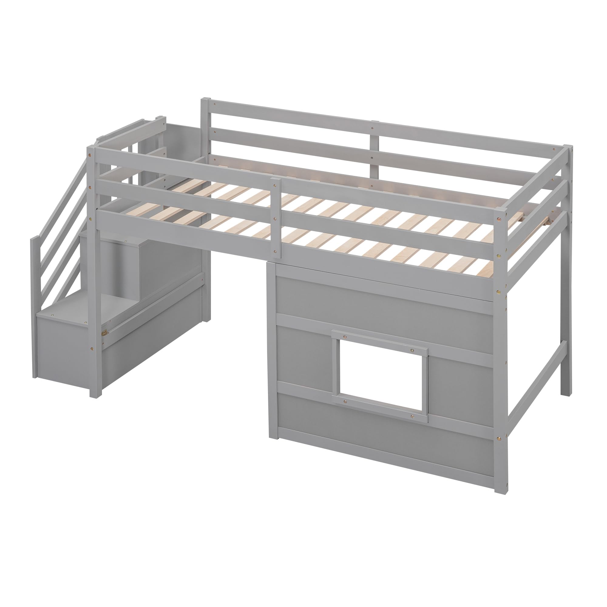 BIADNBZ Twin Size Low Loft Bed with Stairs, Solid Wood Bedframe w/Storage Staircase, for Kids Teens Bedroom, No Box Spring Needed, Gray
