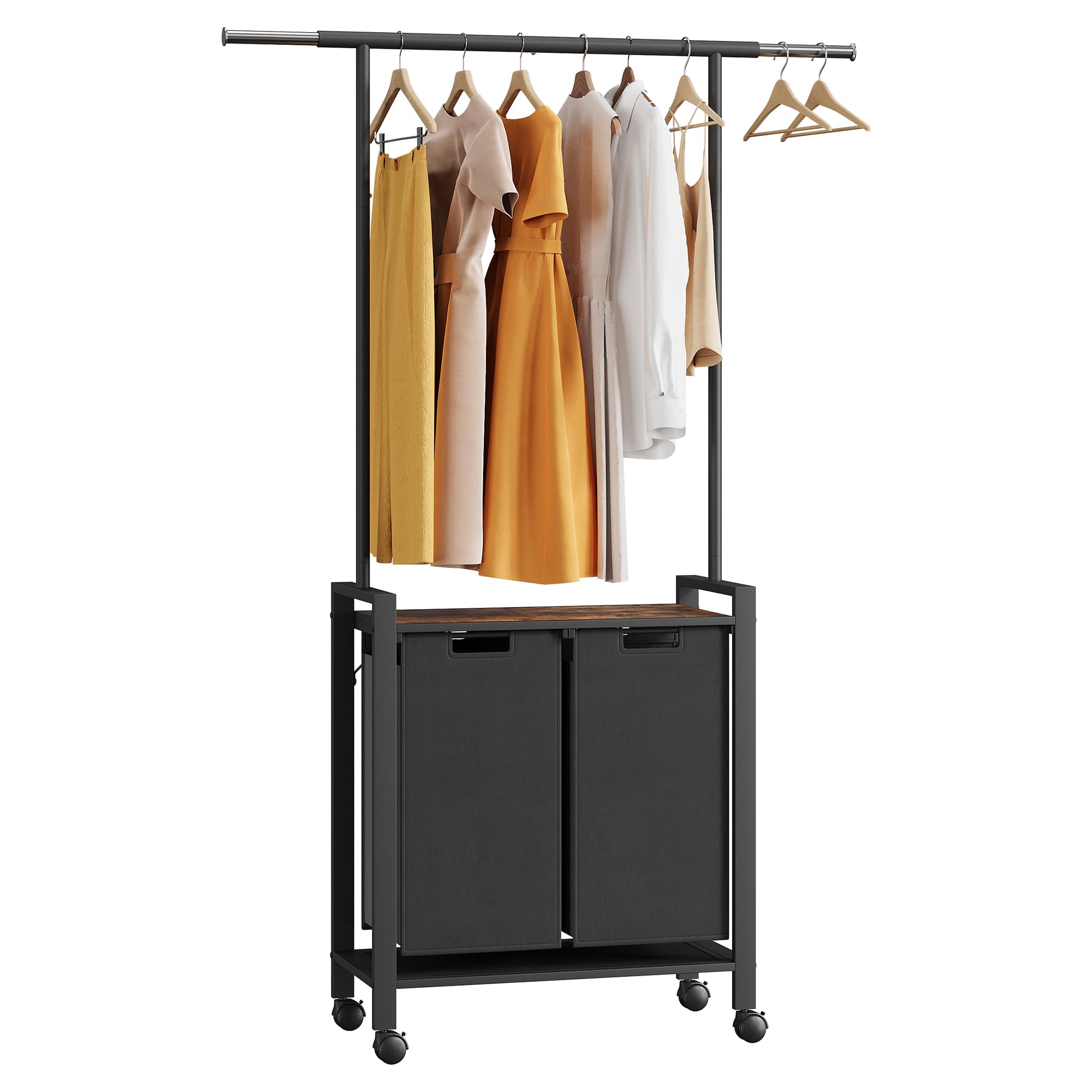 Laundry Sorter with Hanging Bar,Rolling Laundry Hamper 3 Section with Wheels,Laundry Basket Organizer with 3 Removeable Bag for Bathroom Bedroom Laundry Room