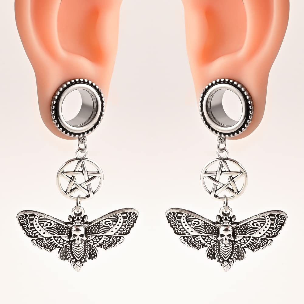 Atomhole 2 PCS Ear Gauges Cool Butterfly Dangle Hypoallergenic Stainless Steel Dangle Ear Plugs Tunnels Gauges Stretcher Pair Selling 2g 0g Piercing Body Jewelry (8mm(0G), Silver)