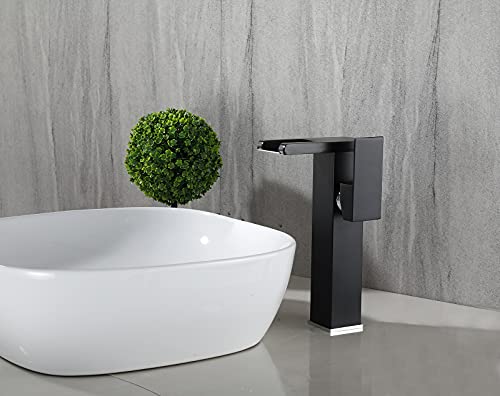 Black Bathroom Vessel Faucet Led Light 3 Color Changing Waterfall Single Handle One Hole Bowl Sink Faucet Vanity Lavatory Deck Mount Mixer Tap Tall with Pop Up Drain Without Overflow and Supply Lines