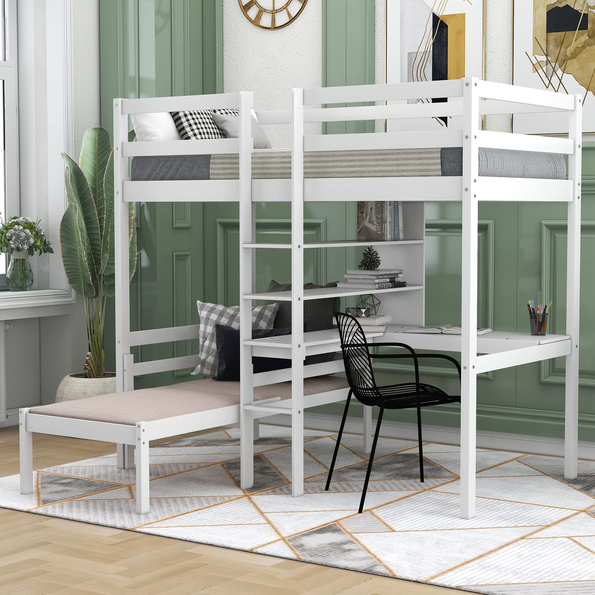 BIADNBZ Wooden Full Size Loft Bed with Desk and Shelves, Wood High Loftbed Frame for Kids/Teens Bedroom, Space Saving/No Box Spring Needed, White