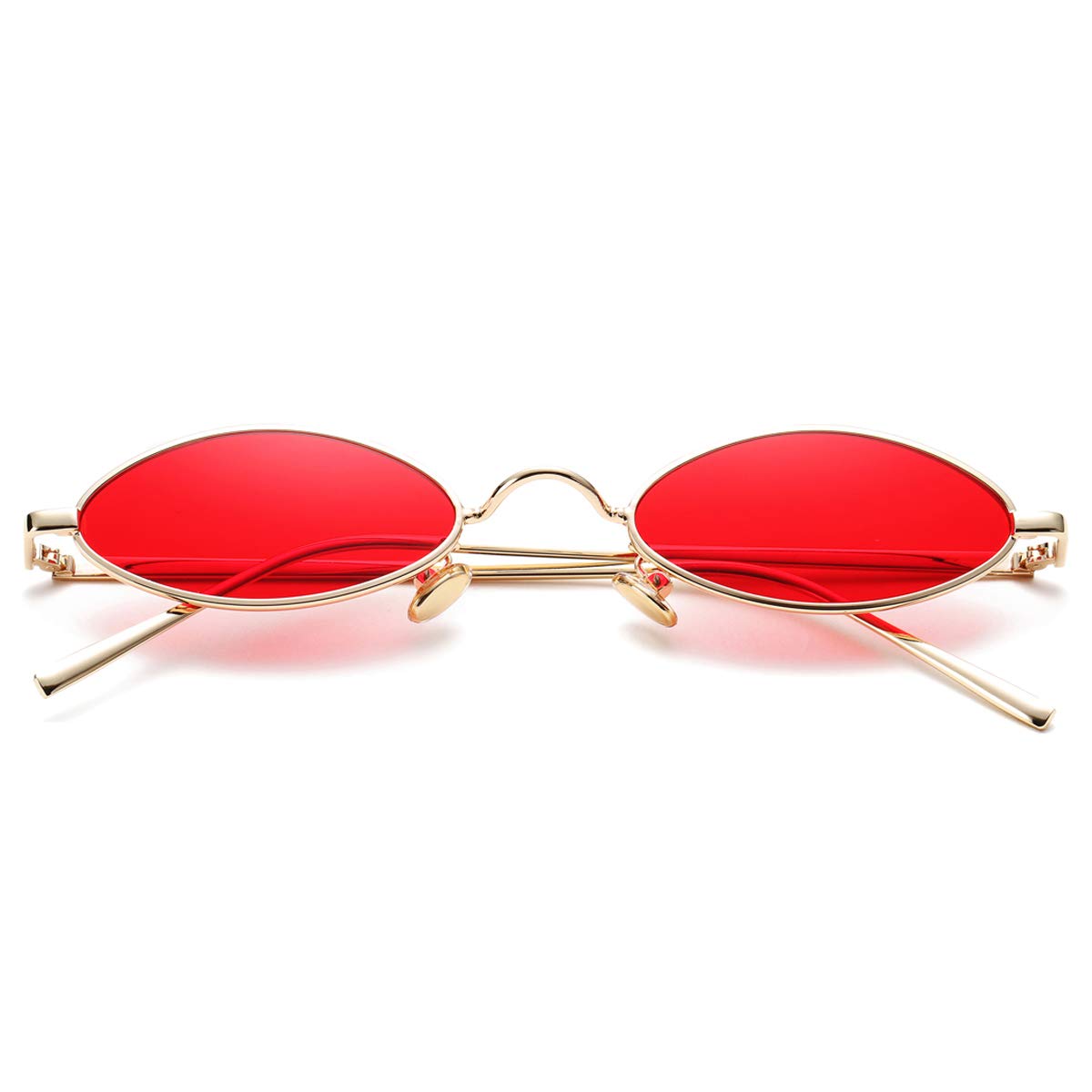 COASION Vintage Small Oval Aesthetic Sunglasses Retro for Women Men Hippie Cool Metal Frame Sun Glasses (Gold Frame/Red Lens)