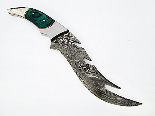 AishaTech Alligator Hunting Knife Damascus Steel Blade Stag & Wood Handle