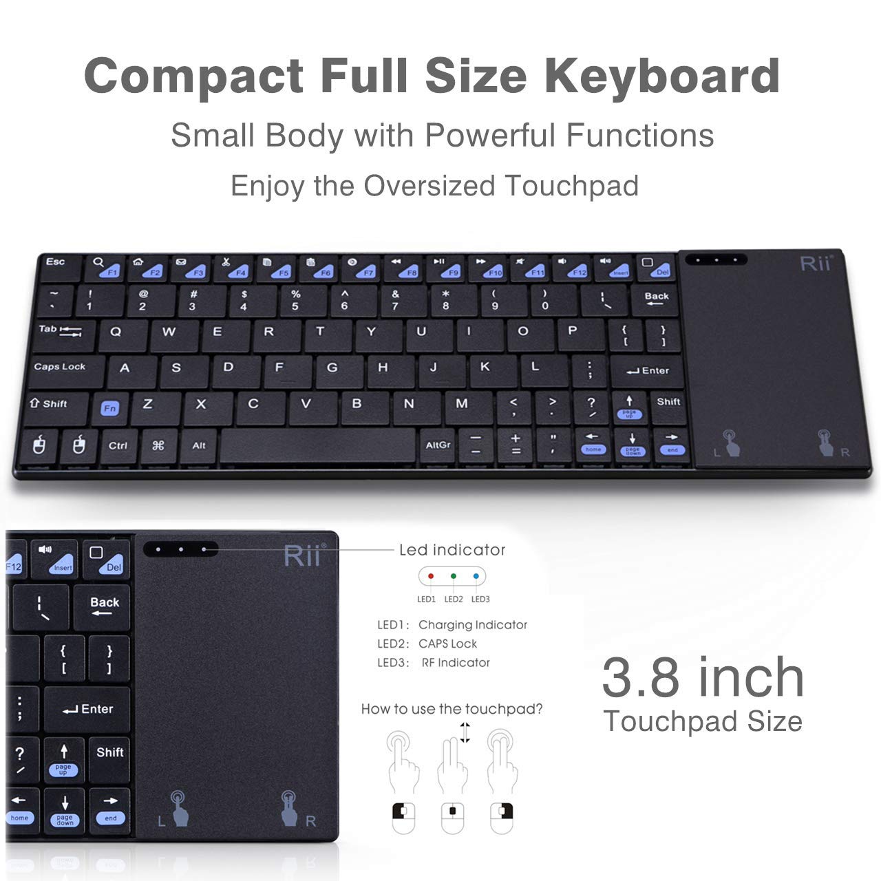 Rii K12+ Mini Wireless Keyboard with Large Touchpad Mouse&Qwerty Keypad, Stainless Steel Portable Wireless Keyboard with USB Receiver for MacBook/iPad/Tablet/PC/Laptop/Smart TV/Raspberry Pi - Black
