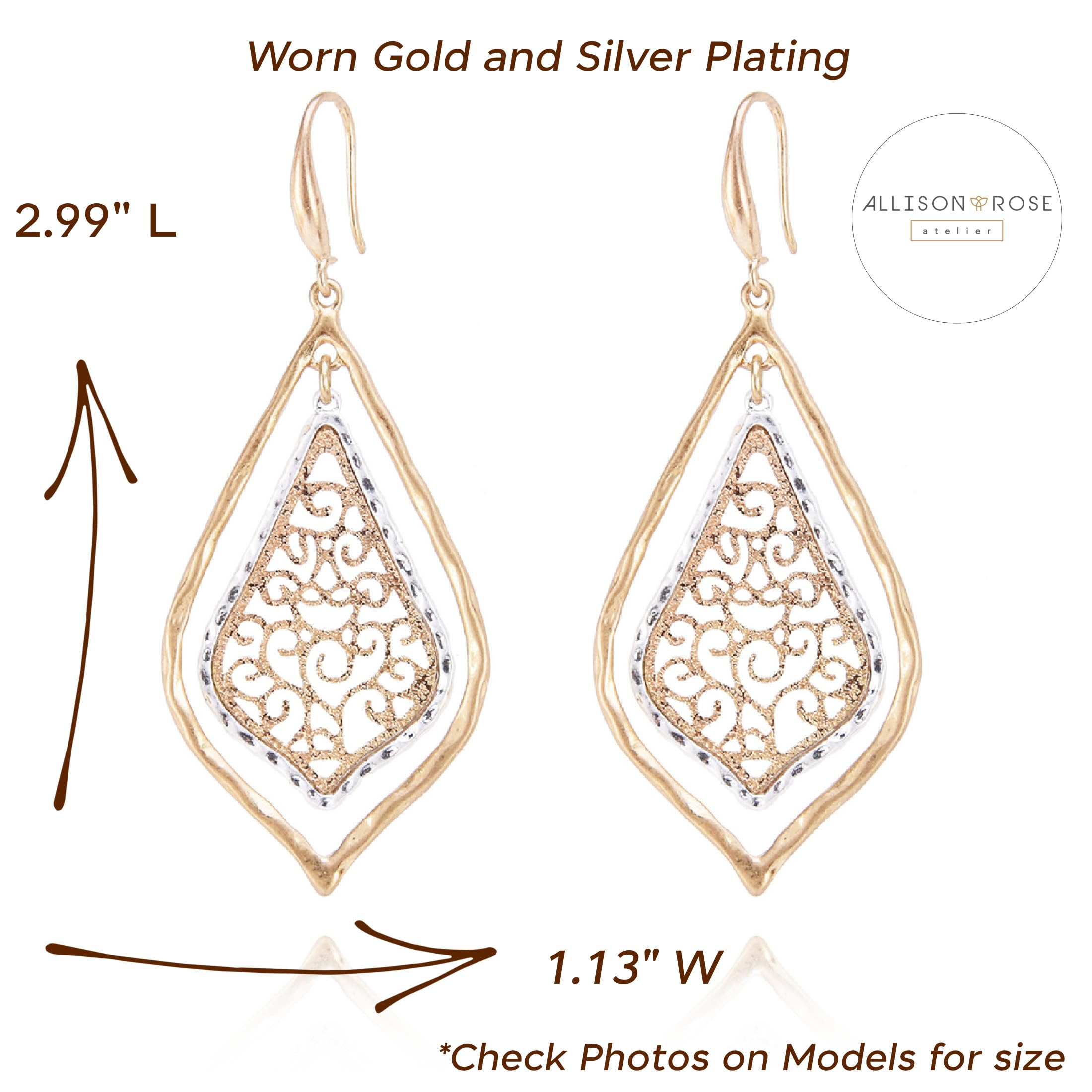 ALLISON ROSE ATELIER β Boho Filigree Two-Tone Dangle Earrings - Exquisite Handcrafted Jewelry for Boho Chic Style - Large Two Tone Worn Gold and Silver Plated Earring Set