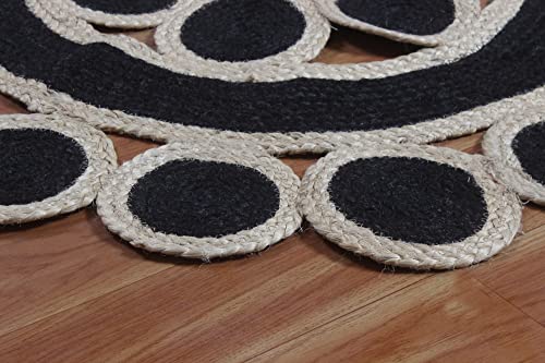 CASAVANI Cape Code Circle Area Rug - 6 x 6 Feet Beige Black Pattern Natural Jute Mat Ideal for High Traffic Area in Bedroom Bedside Round Dining Side Round Living Room Hallway and Kitchen Mat