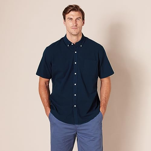 Amazon Essentials Men's Regular-Fit Short-Sleeve Pocket Oxford Shirt, Navy, Large
